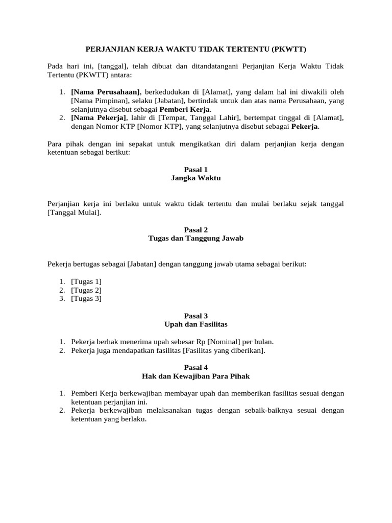 Contoh PKWTT untuk Perjanjian Kerja | PDF