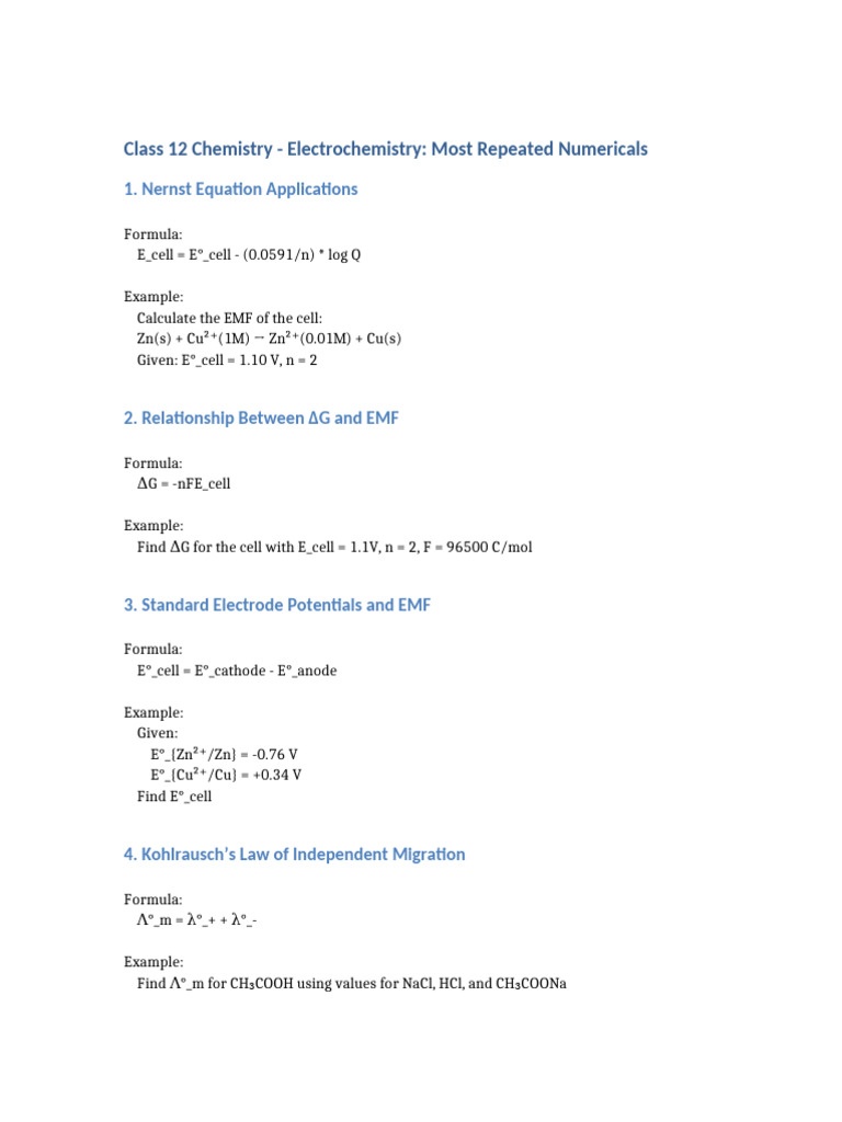 Electrochemistry Class12 Numericals | PDF