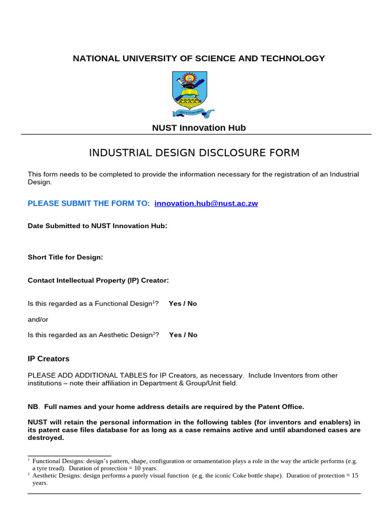 NUST Industrial Design Registration Form | PDF | Patent | Intellectual ...