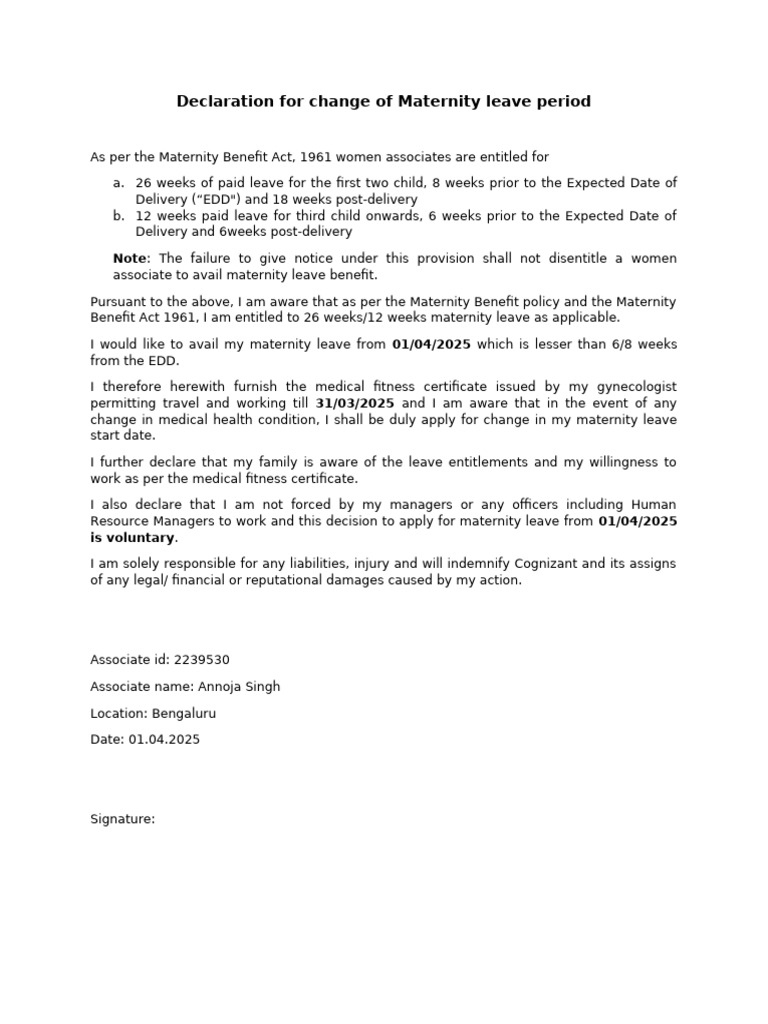 Declaration For Maternity Leave Period | PDF