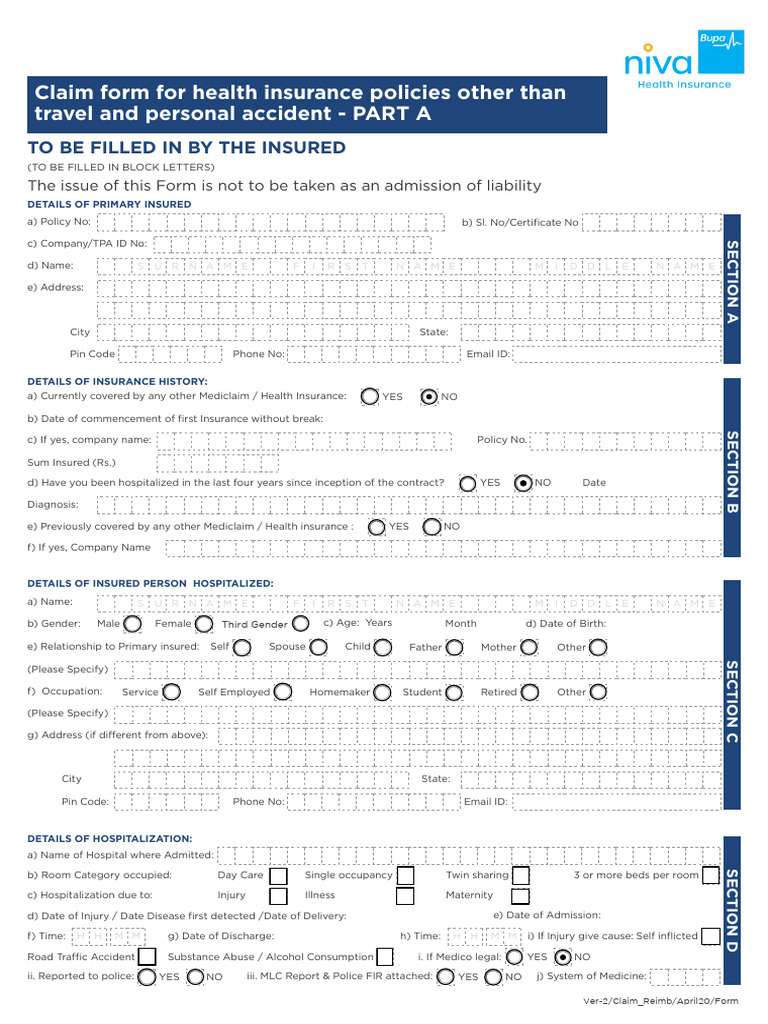 Claim Form NIVA REIMBURSEMENT | PDF | Hospital | Insurance