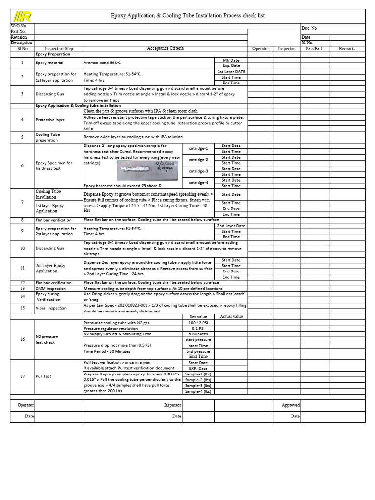 Cooling Tube Installation Checklist | PDF | Epoxy | Pressure
