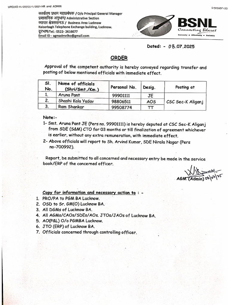 Non-Executive Posting Order | PDF