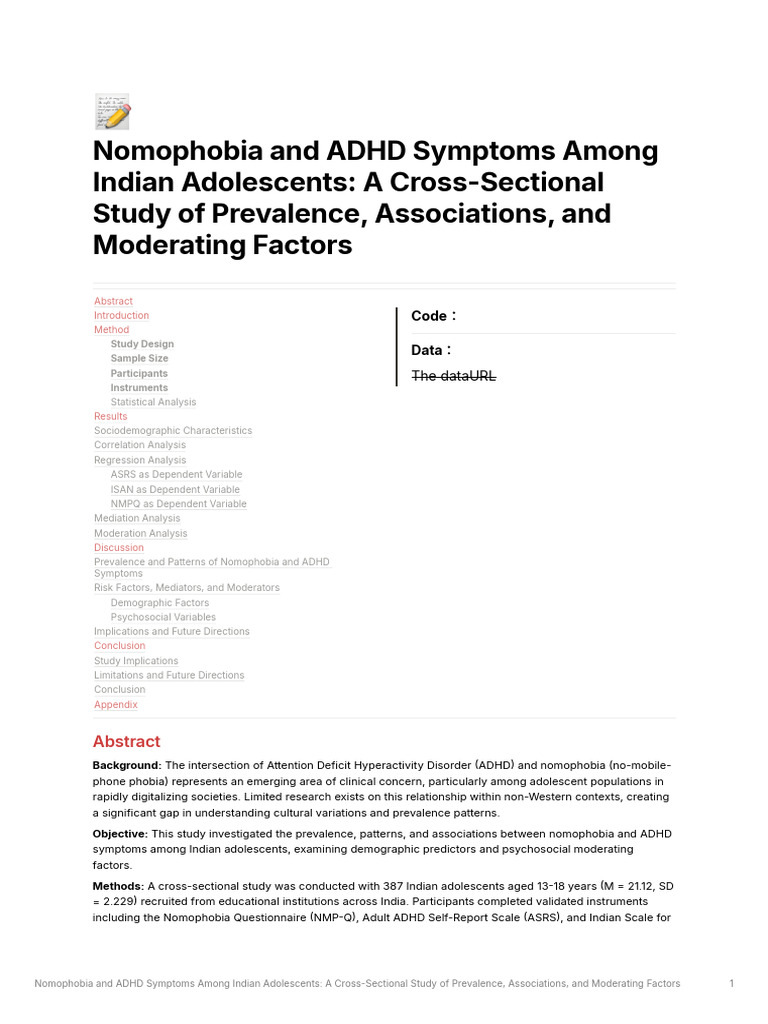 Nomophobia and ADHD Symptoms Among Indian Adolescents A Cross-Sectional ...