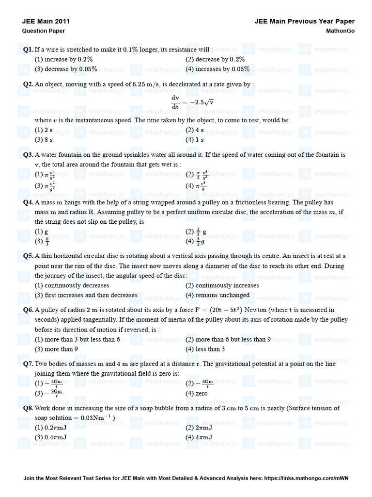JEE Main 2011 Previous Year Paper With Answer Keys - MathonGo | PDF | Photoelectric Effect ...