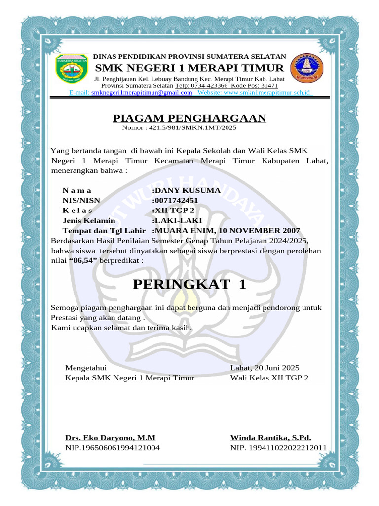 Format Piagam Peringkat 2024-2025 TGP 2 | PDF