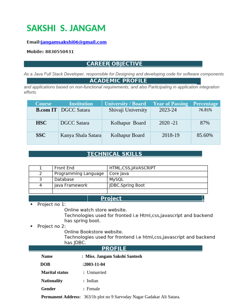 Jangam Sakshi - Resume | PDF