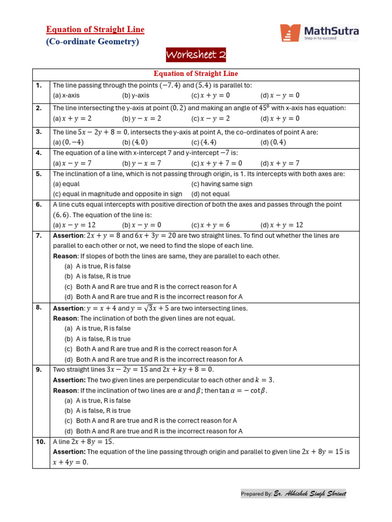 Equation of Straight Line Worksheet 2 | PDF | Line (Geometry ...