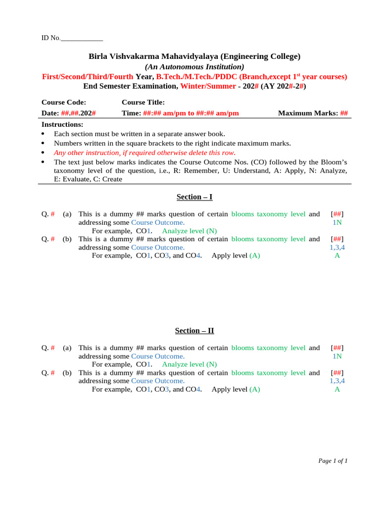 Format of Question Paper For End Semester Exam | PDF