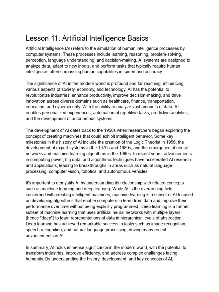 Lesson 11 Artificial Intelligence Basics | PDF | Artificial Intelligence | Intelligence (AI ...