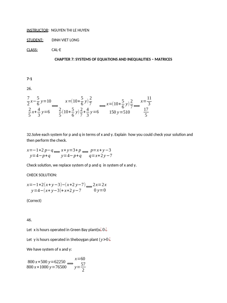 Chapter 7: Systems of Equations and Inequalities - Matrices: X y X y X ...