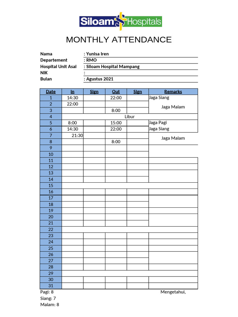 Form Absen Manual - Agustus - Yunisa Iren | PDF