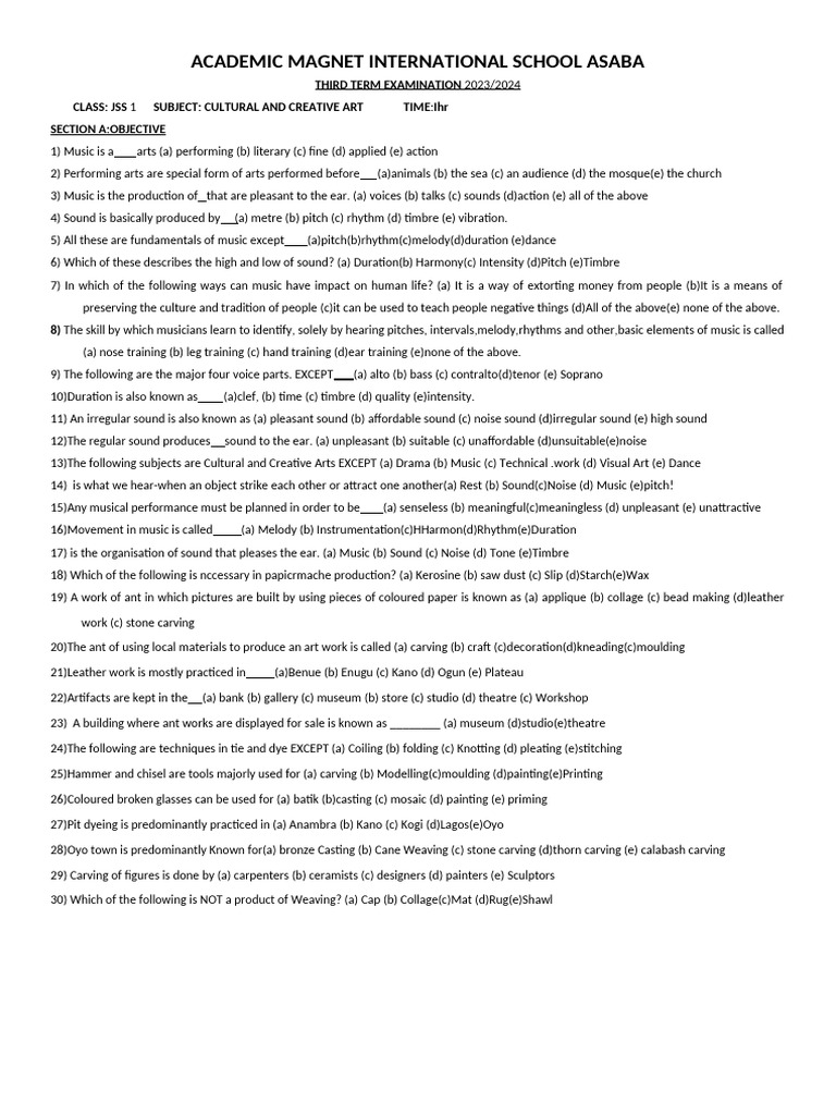 Jss1 Acad. Magnet Cca Exam | PDF | Musicology | Elements Of Music