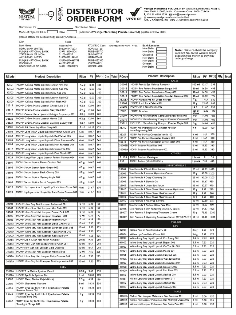 Vestige Distributor Order Form 2025 | PDF | Toiletry | Beauty