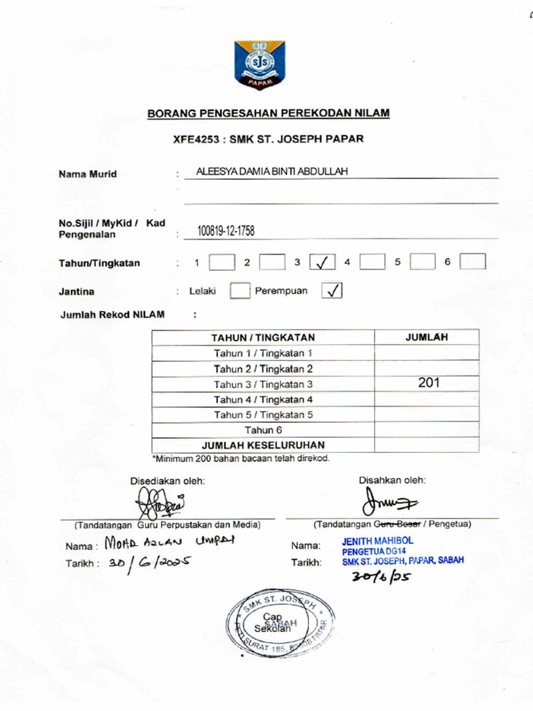 Borang Pengesahan Nilam 2 | PDF