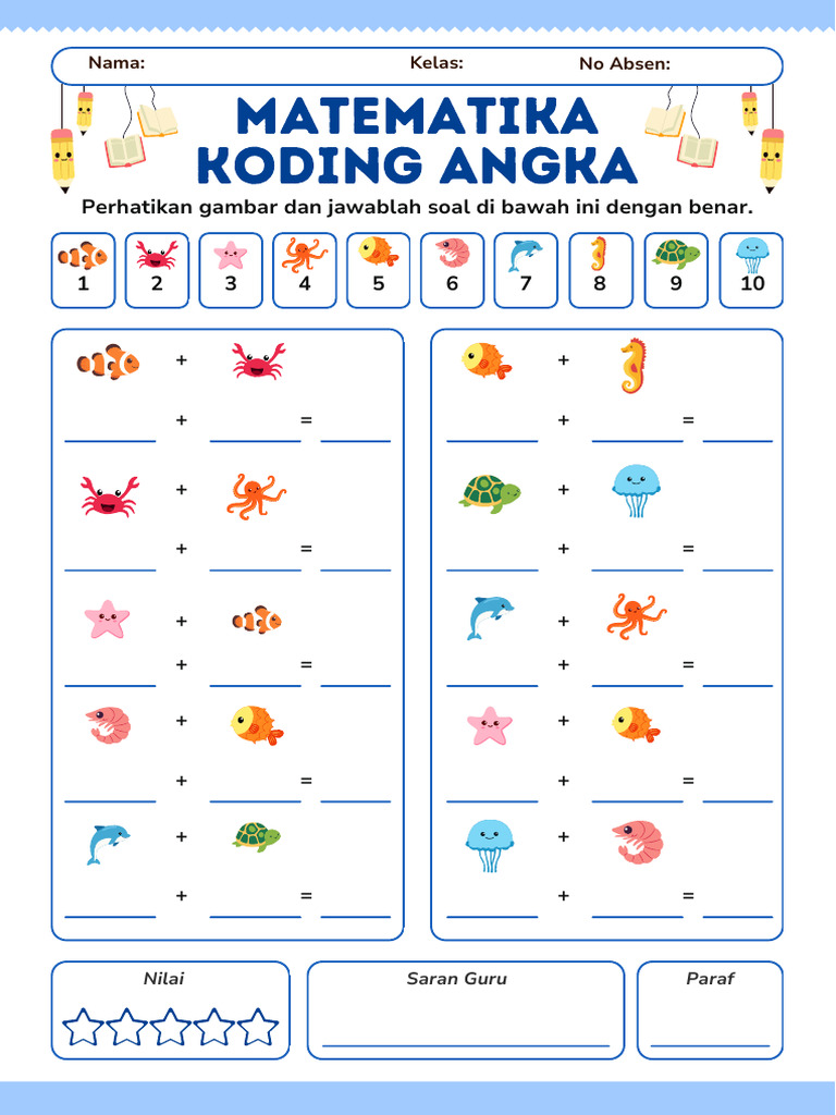 Biru Ilustrasi Lembar Kerja Matematika Koding Angka Operasi Hitung | PDF