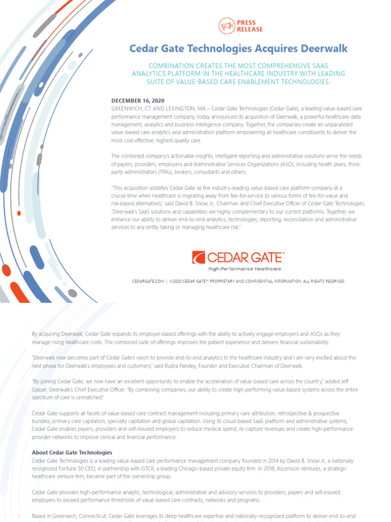 Press Release Cedar Gate Technologies Acquires Deerwalk | PDF | Health ...