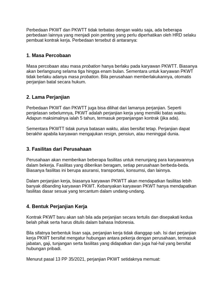 Perbedaan PKWT Dan PKWTT Tidak Terbatas Dengan Waktu Saja | PDF