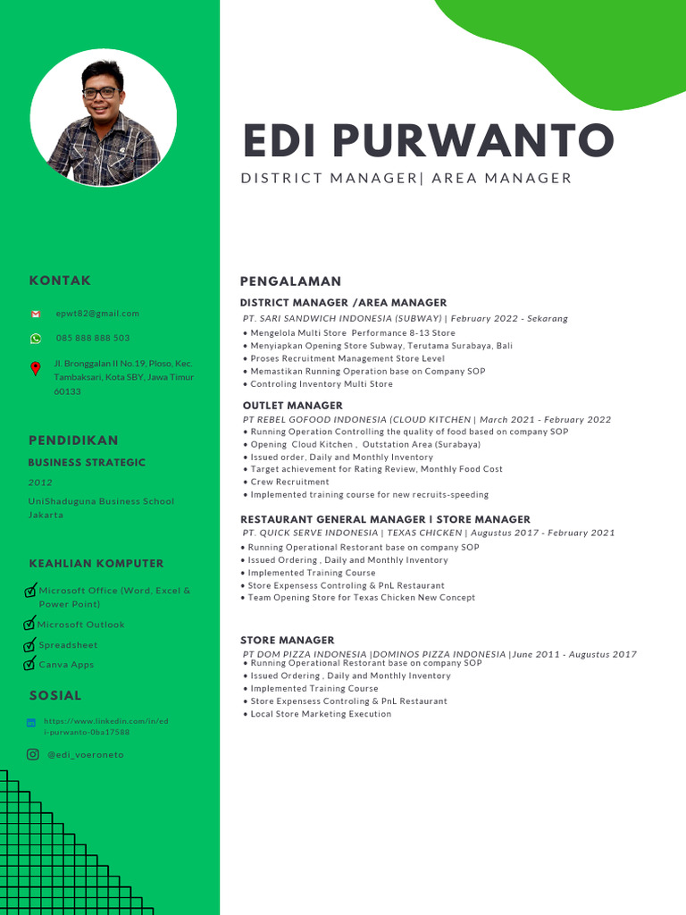 CV Edi Purwanto (Area Manager) | PDF | Restaurants | Foodservice