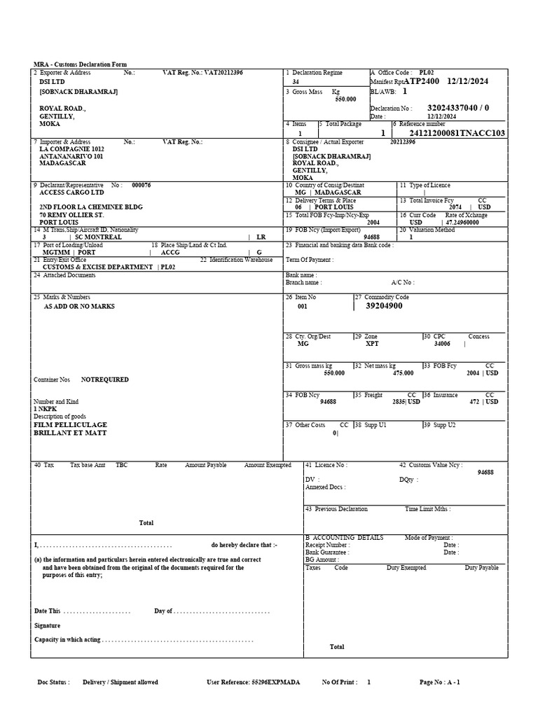 04 - Déclaration Douane Export | PDF | Customs | Taxes
