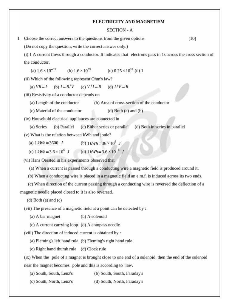 Electricity and Magnetism Quiz Answers | PDF | Magnetic Field ...