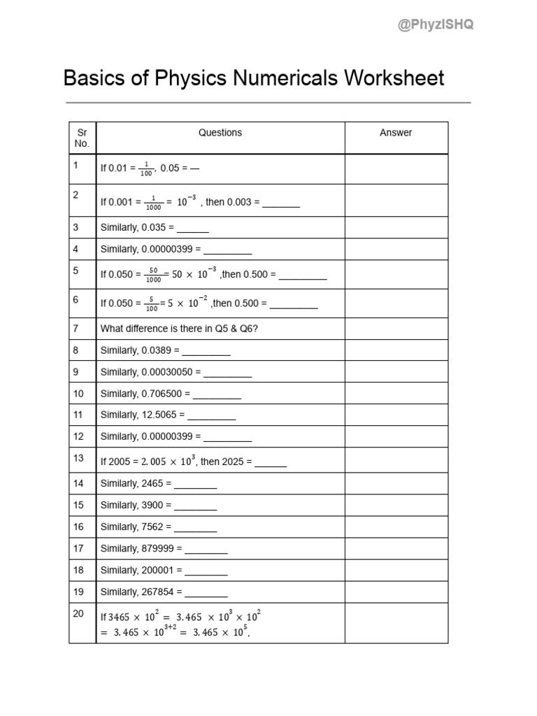 Basics of Physics Numericals Worksheet | PDF