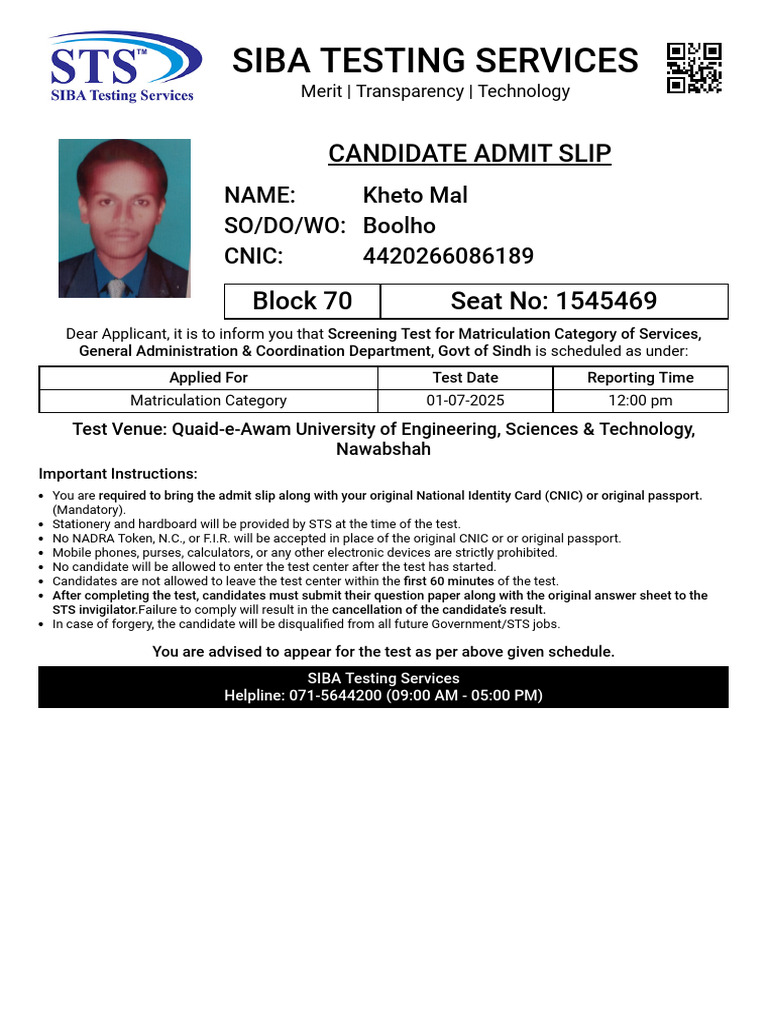 Siba Testing Services: Candidate Admit Slip | PDF