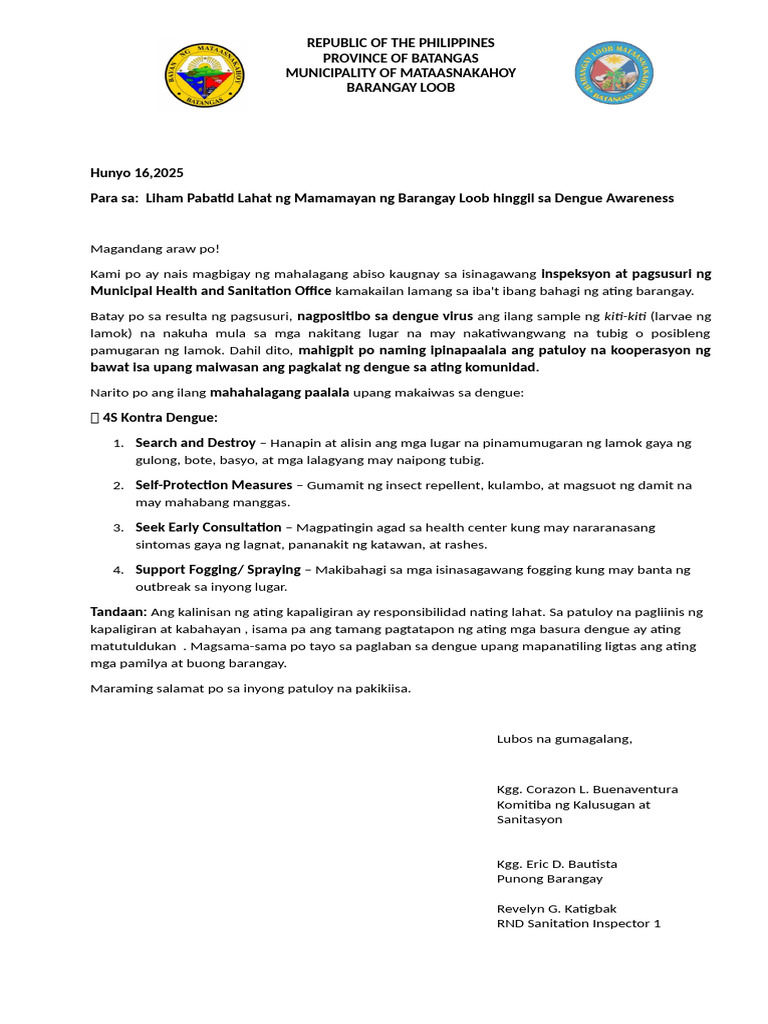 Dengue Awareness Letter | PDF
