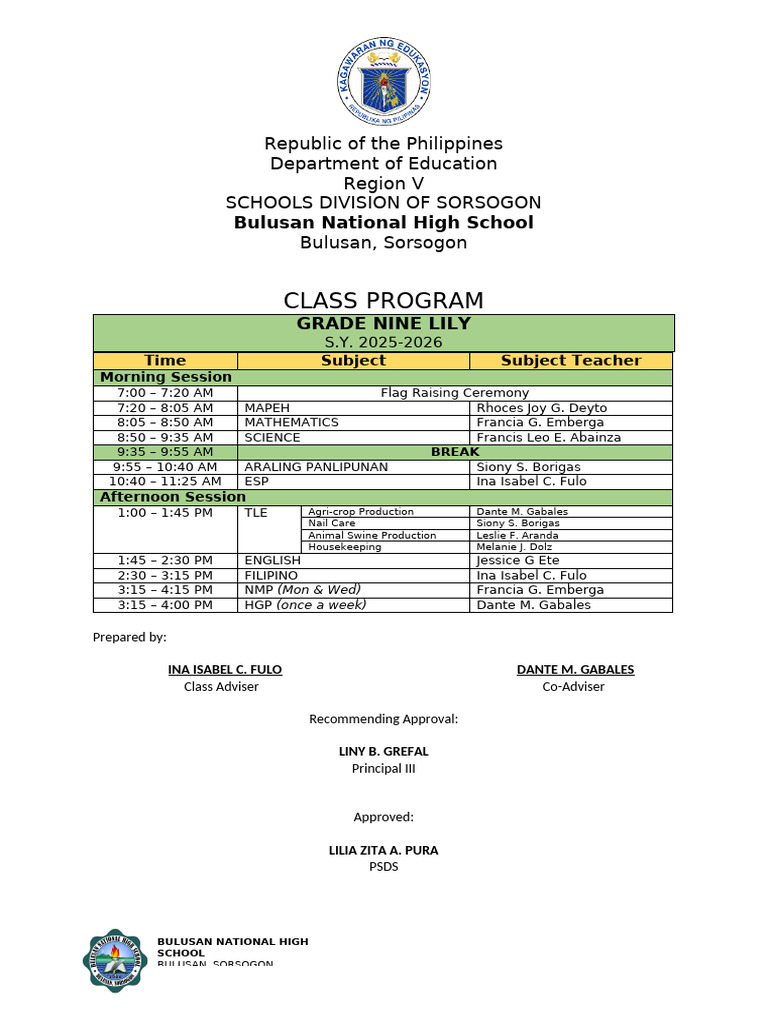 Class Program Teachers Program Sample Template | PDF