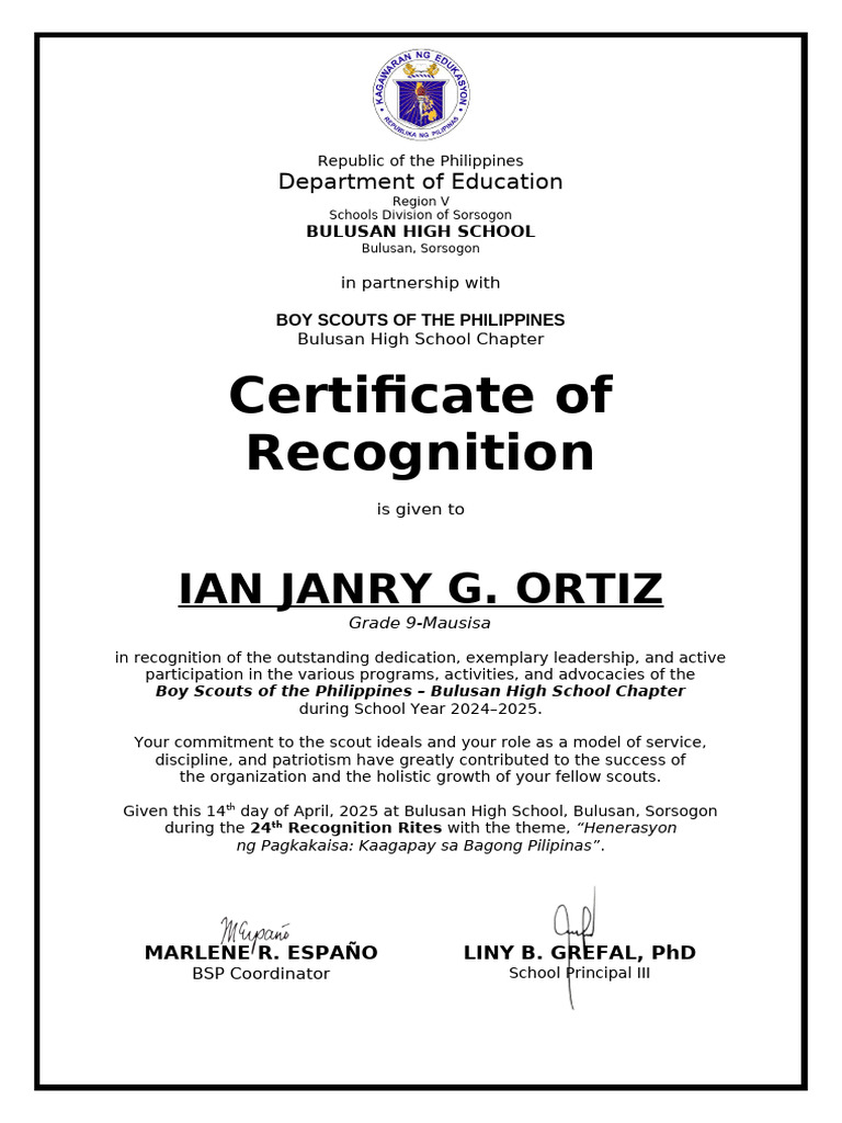 Certificate of Special Recognition BSP | PDF