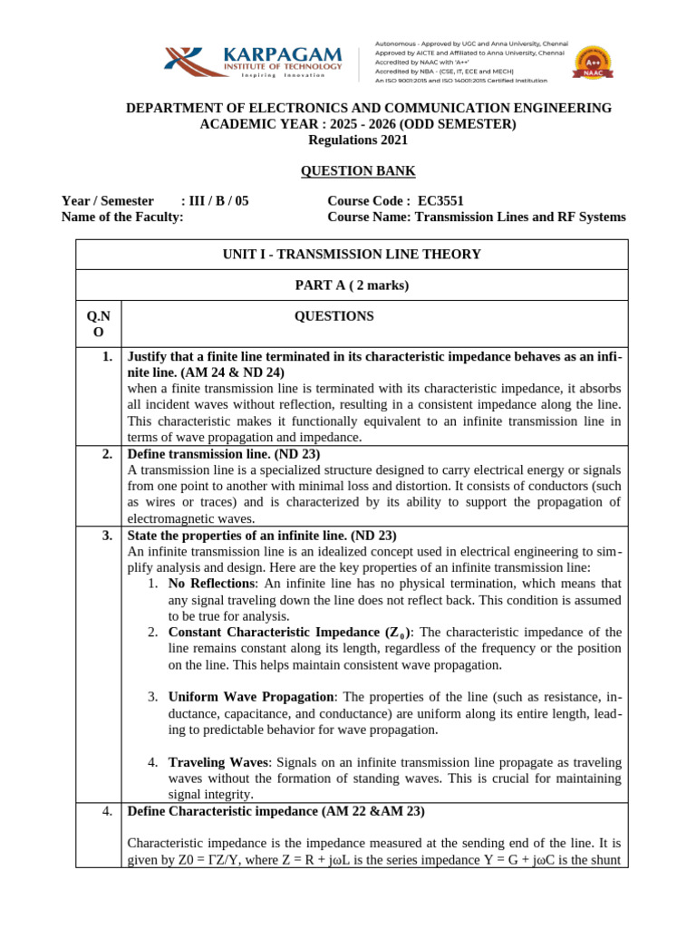 2025 - 2026 TLRF Question Bank | PDF | Transmission Line | Electrical ...