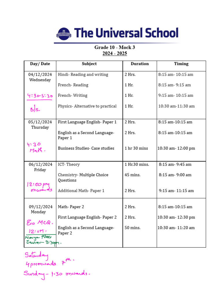 Grade 10 Mock Exam Timetable 2024-25 | PDF