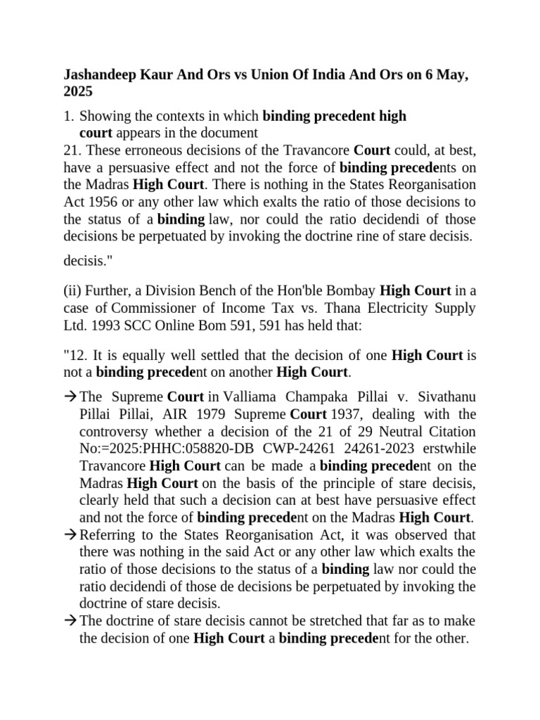 Jashandeep Kaur and Ors Vs Union of India | PDF | Precedent | Case Law