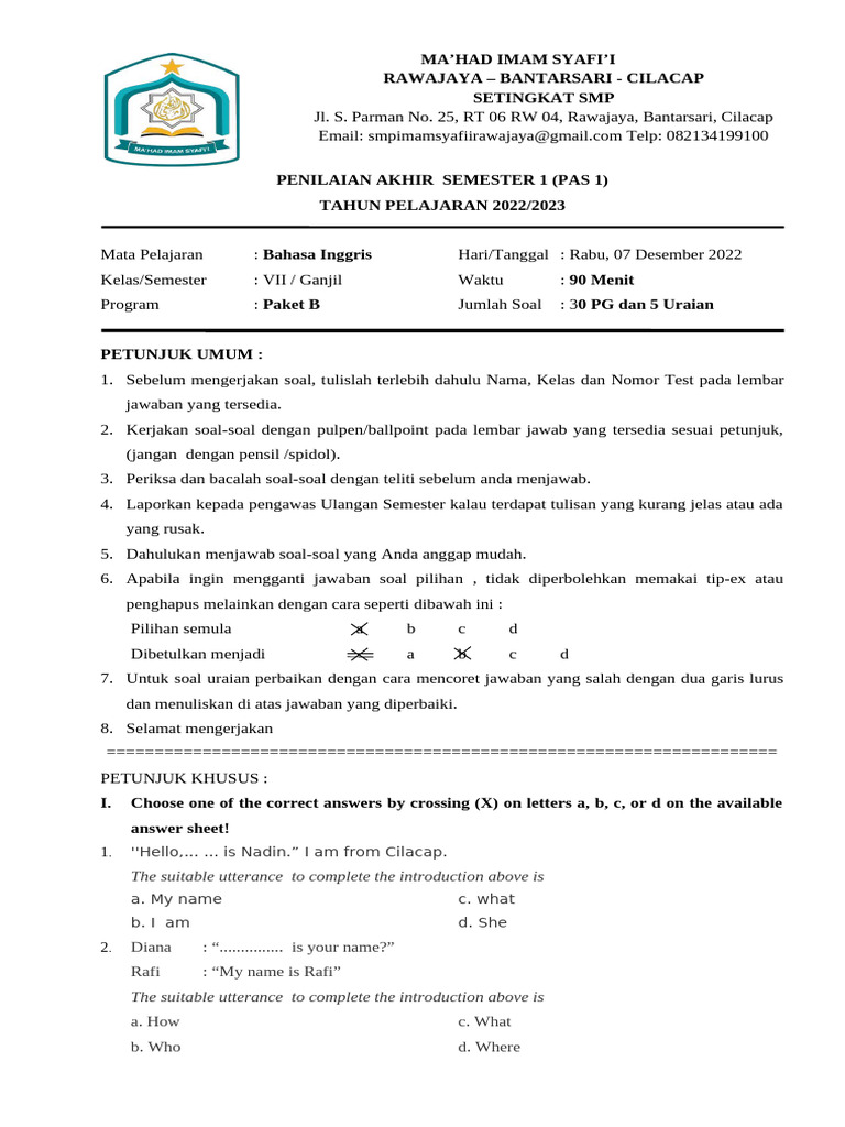 Soal Latihan PAS 1 - Eng 7 - Paket B | PDF | Cuisine
