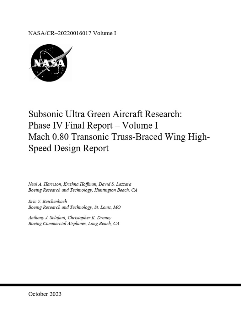 Subsonic Ultra Green Aircraft Research Phase IV Final Report - Volume I Mach 0.80 Transonic ...