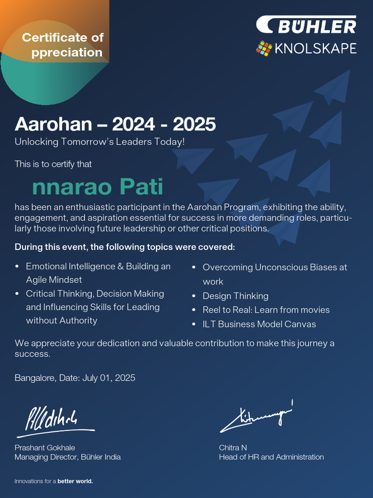 Aarohan Program Participation Certificate | PDF | Leadership ...