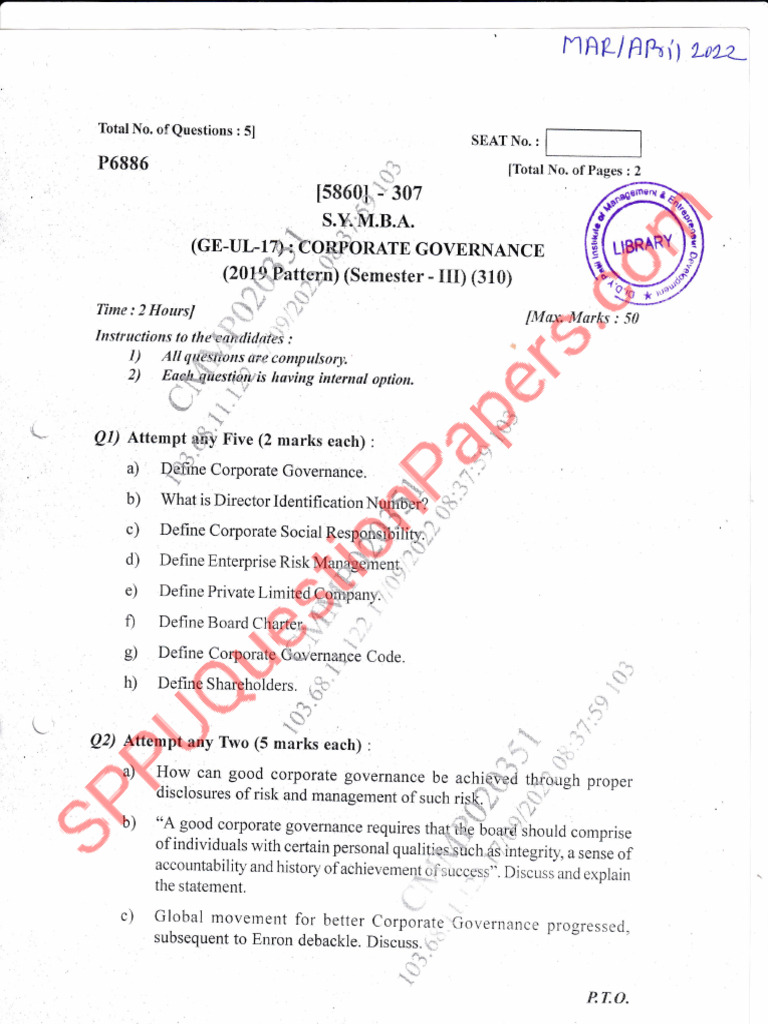 Postgraduate PG Mba Semester 3 2022 May Corporate Governance Pattern 2019 | PDF | Business Law ...