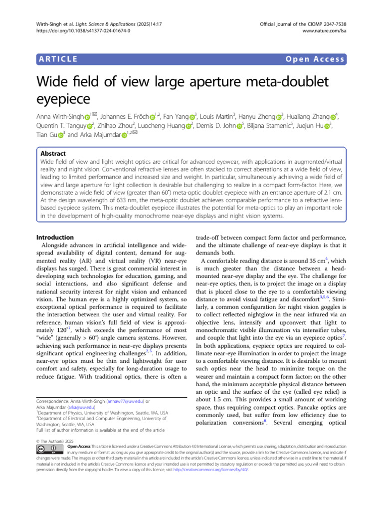 Wide Field of View Large Aperture Meta-Doublet Eye | PDF | Optics ...