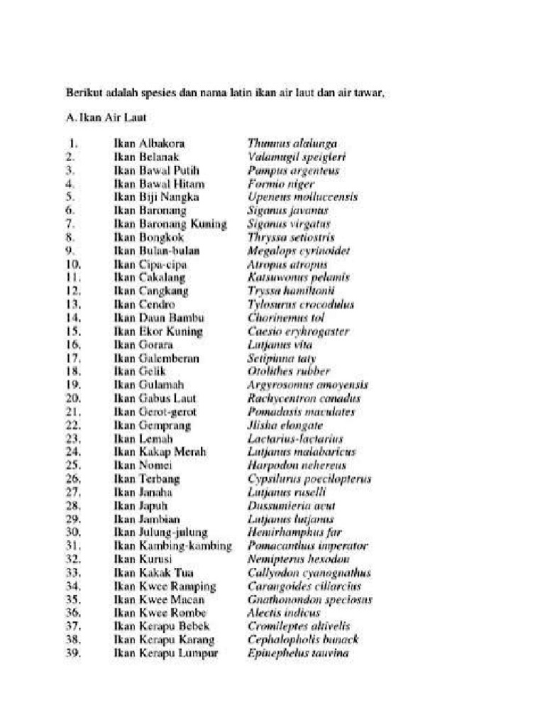 Nama Latin Ikan Air Laut | PDF
