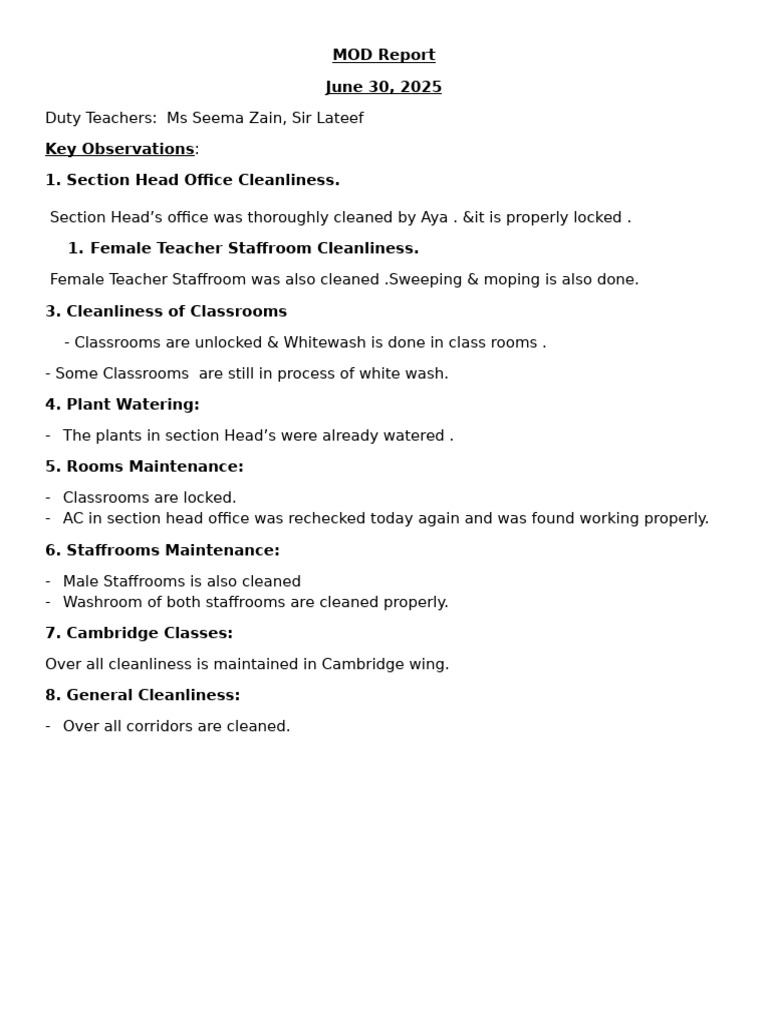 MOD Report: School Cleanliness Update | PDF