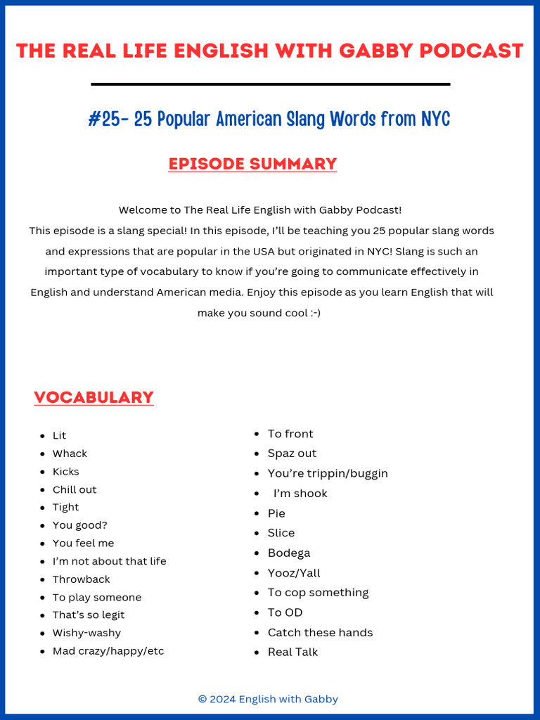 #25 - 25 Popular American Slang Words From NYC | PDF | Pizza | English ...