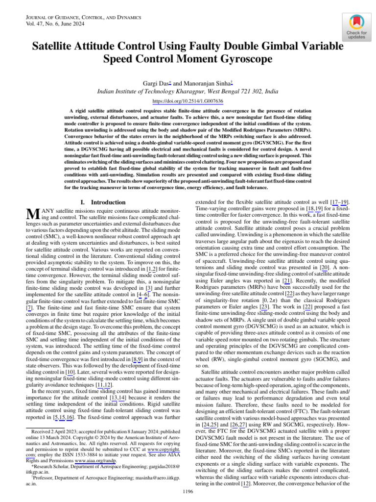Satellite Attitude Control Using Faulty Double Gimbal Variable Speed Control Moment Gyroscope ...