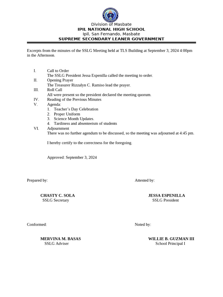 SSLG Meeting Minutes - Sept 3, 2024 | PDF