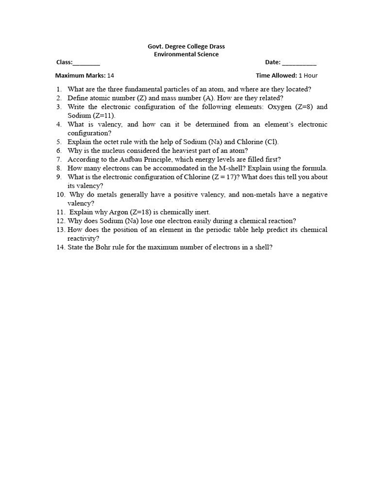 Test 1 Atom and Electronic Configuration | PDF