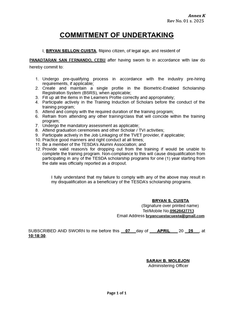 Annex K Commitment of Undertaking Scholar | PDF | Career And Technical Education | Chess Openings