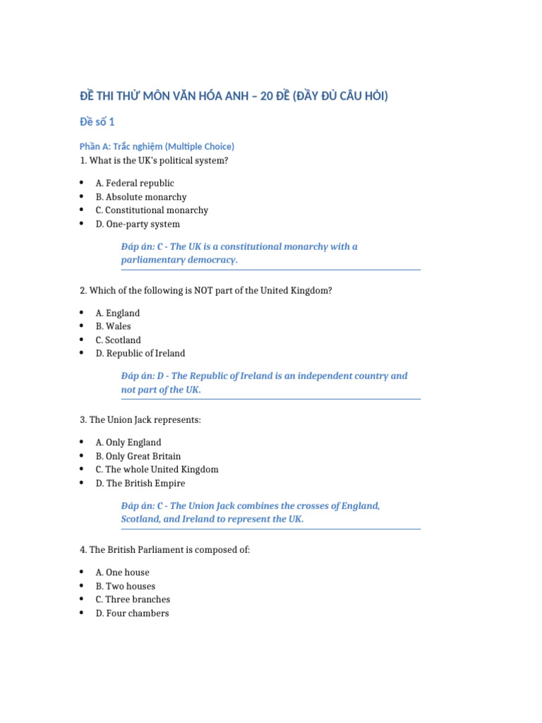 De Thi Thu Van Hoa Anh 20 de Day Du Nhat | PDF | United Kingdom ...