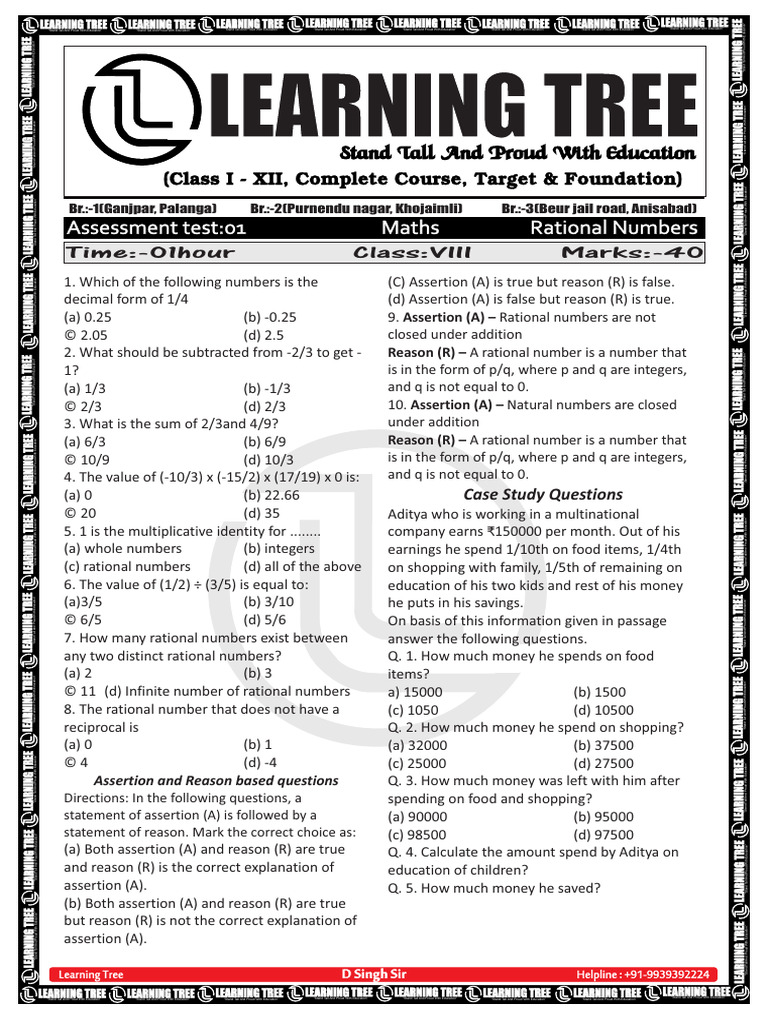 Rational Numbers Assessment Questions | PDF | Integer | Mathematics