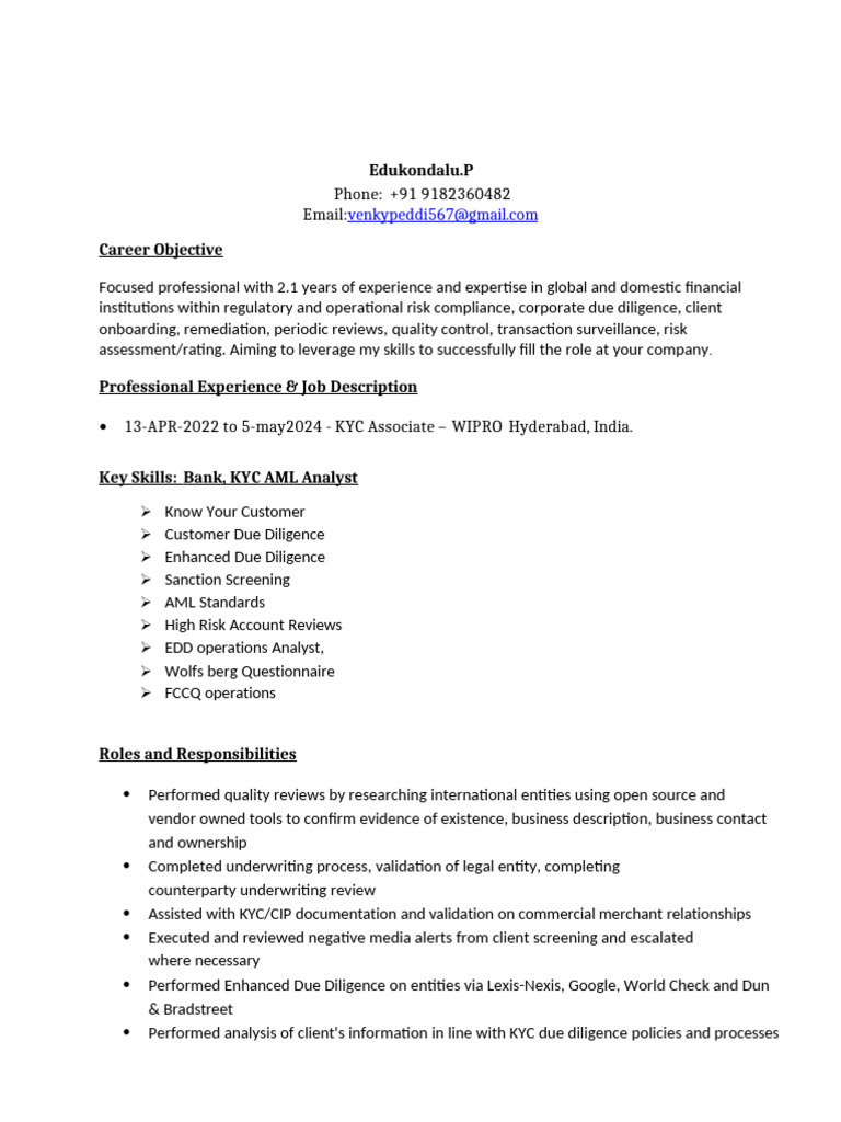 Peddi Edukondalu Wipro Kyc Resume | PDF | Business | Business Law