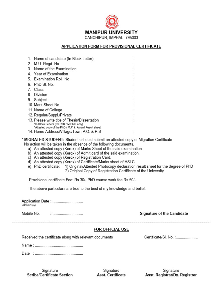 Manipur University Provisional Certificate Form | PDF | Doctor Of ...