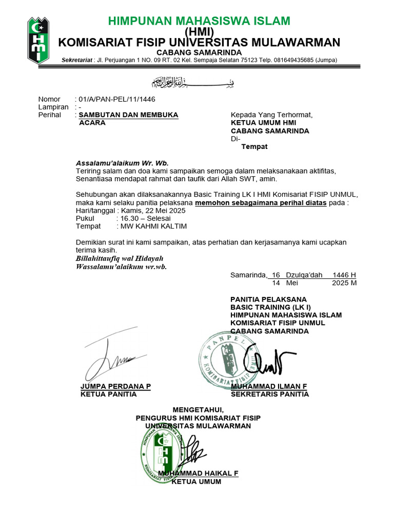 Surat Permohonan Sambutan Acara HMI | PDF